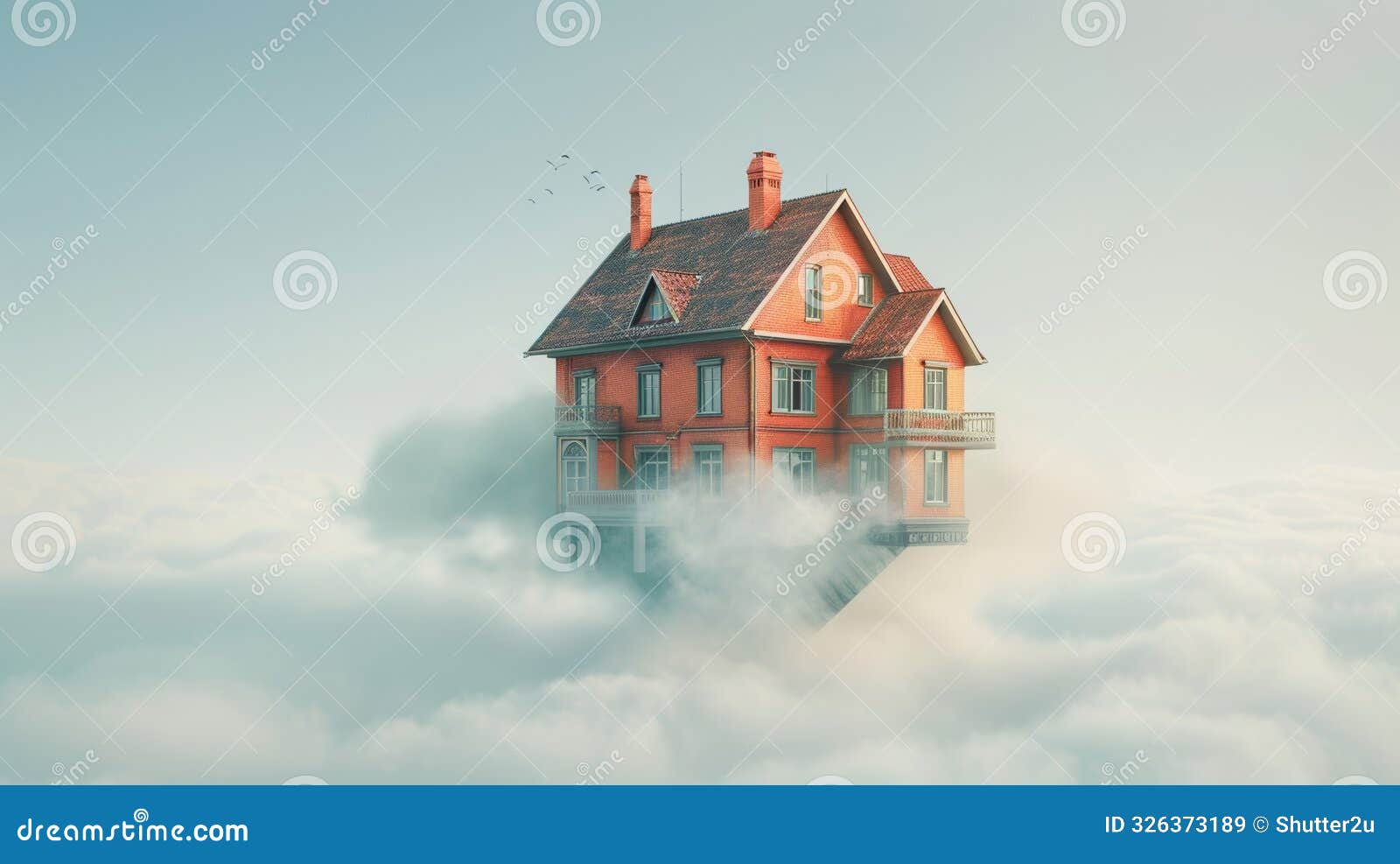 Surreal Portrayal of a Floating House in the Clouds Stock Illustration ...