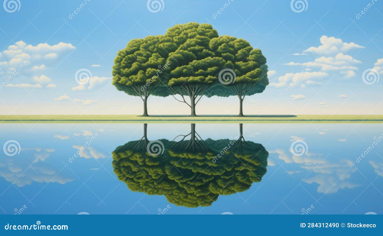 Surreal Renewable Energy: Three Trees Reflected in Water Stock ...