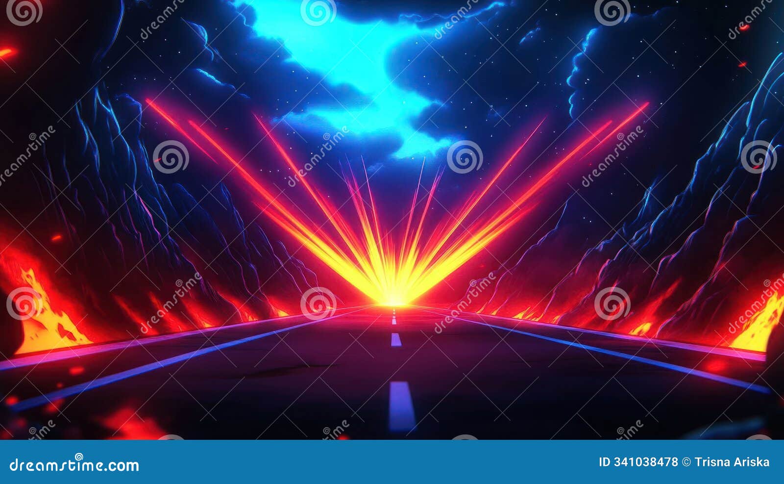 A Surreal Road Scene with Vibrant Colors and Explosive Light Effects ...