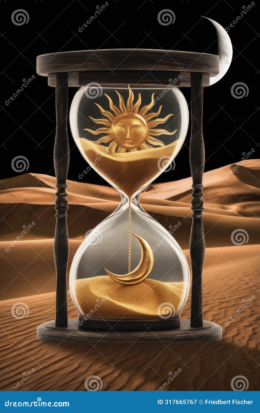 Surreal Sand Timer with Sun and Moon in a Desert Landscape Stock Image ...