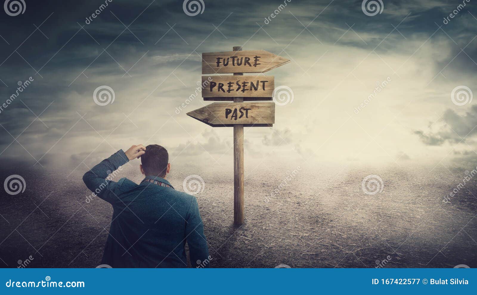 Surreal Scene, Businessman and a Signpost Arrows Showing Three ... Surreal Scene, Businessman and a Signpost Arrows Showing Three ...
