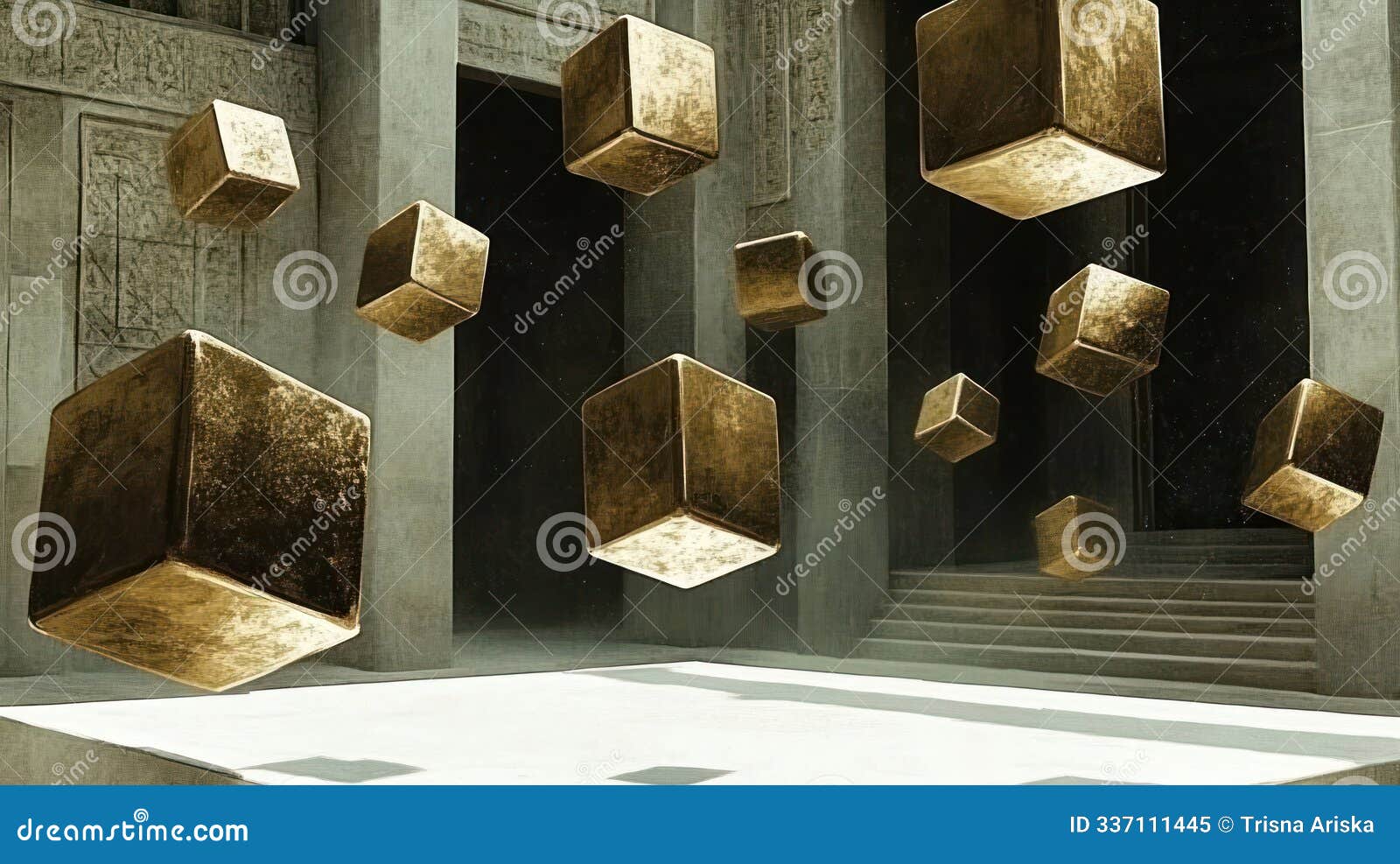 A Surreal Scene Featuring Floating Golden Cubes in a Grand ...