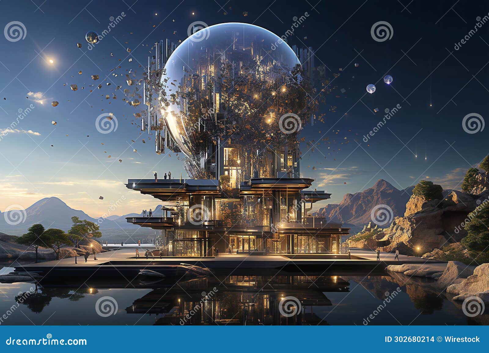 Surreal Scene Featuring a Modern Structure with Decomposing Sphere ...