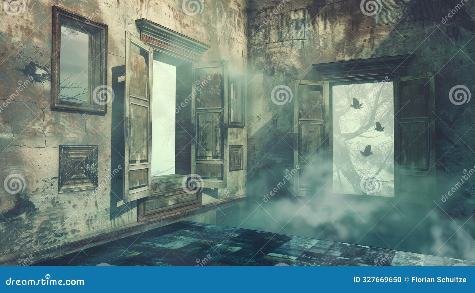 Surreal Scene with Floating Doors and Windows Stock Illustration ...