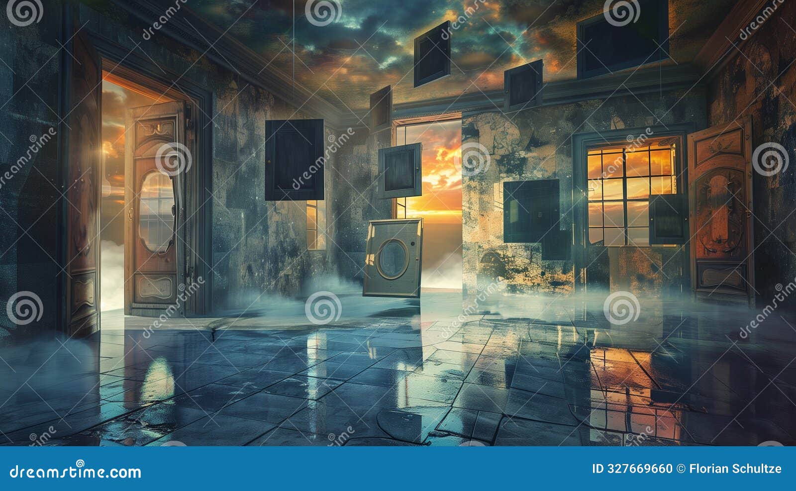 Surreal Scene with Floating Doors and Windows Stock Illustration ...