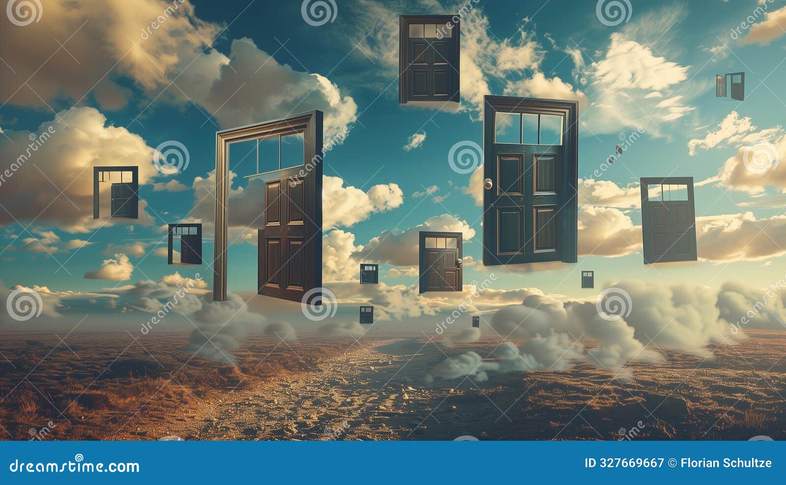 Surreal Scene with Floating Doors and Windows Stock Illustration ...