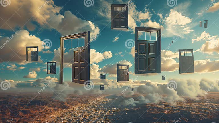 Surreal Scene with Floating Doors and Windows Stock Illustration ...