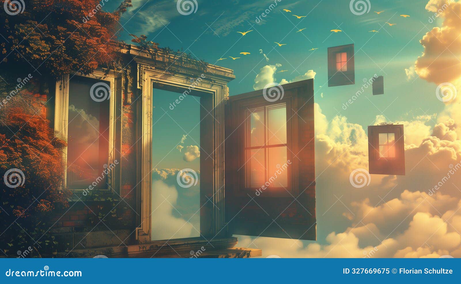 Surreal Scene with Floating Doors and Windows Stock Illustration ...