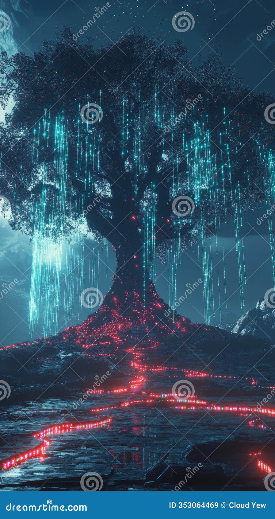 Surreal Scene of a Giant Floating Data Tree in a Mystical Landscape ...