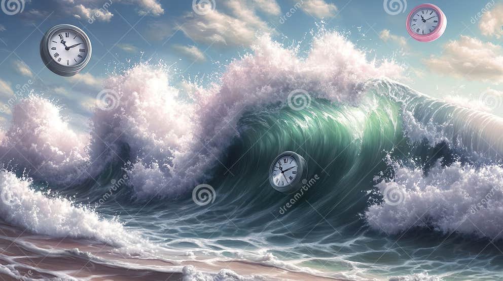 A Surreal Scene of Waves with Floating Clocks, Symbolizing the Passage ...