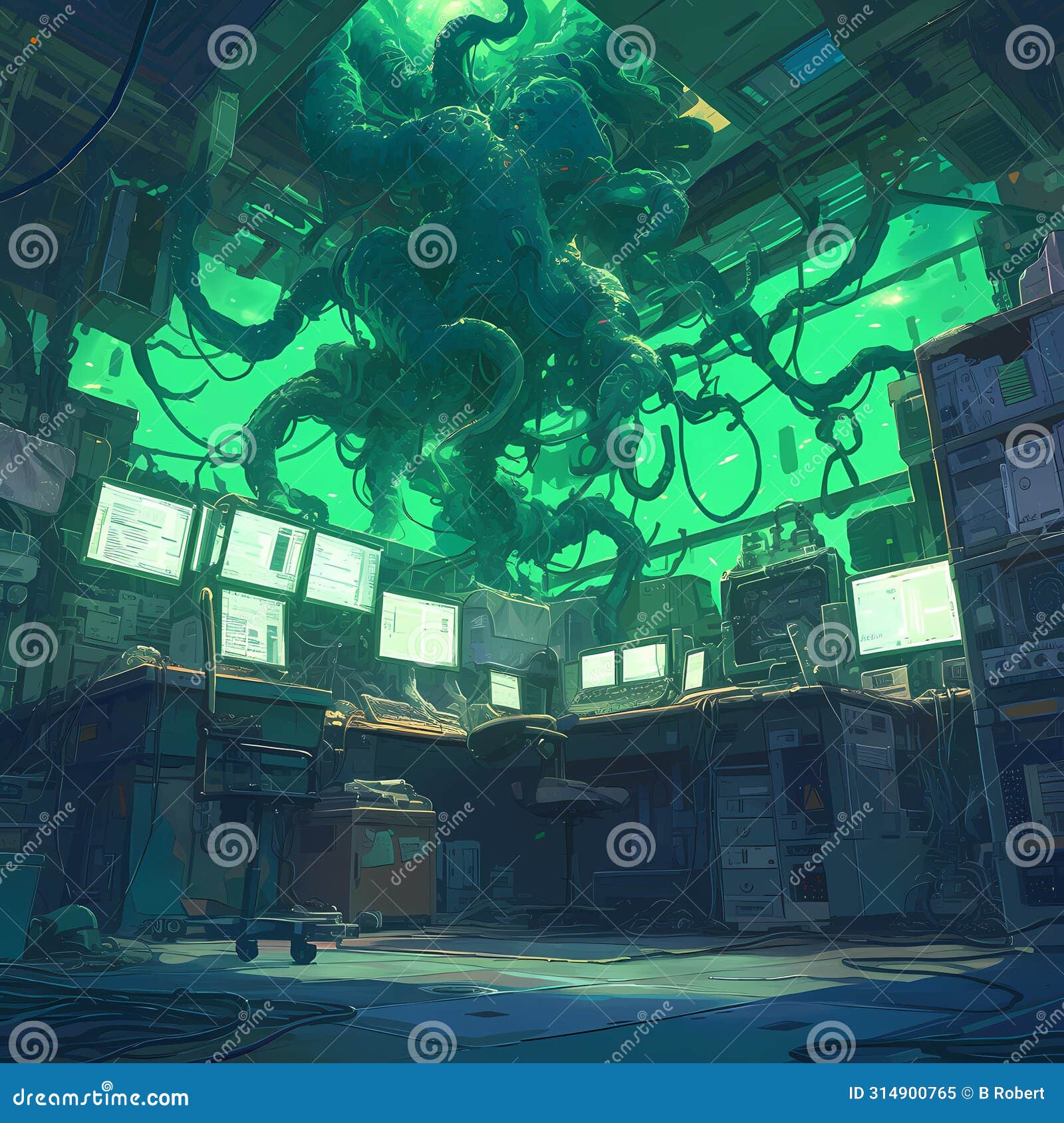 Surreal Sci-Fi Office with Ceiling Octopus Stock Illustration ...