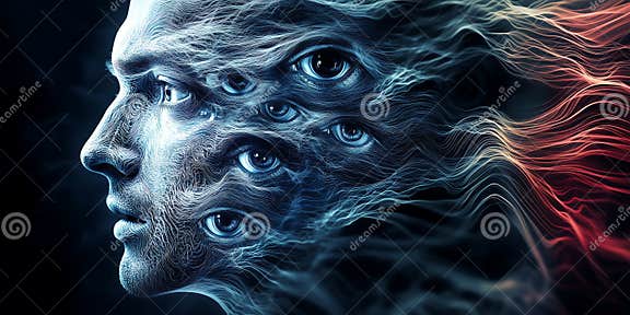 Surreal Side Profile of a Man with Multiple Eyes Blending into Flowing ...