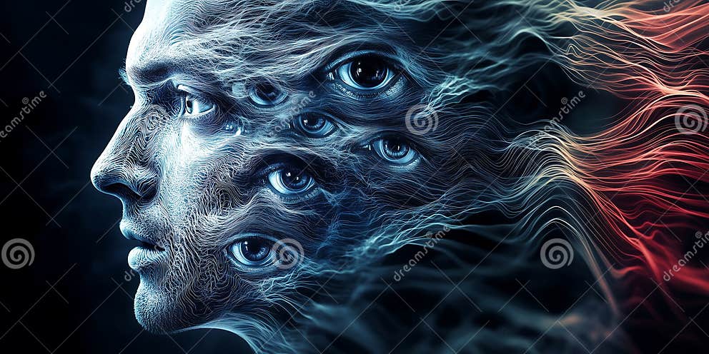 Surreal Side Profile of a Man with Multiple Eyes Blending into Flowing ...