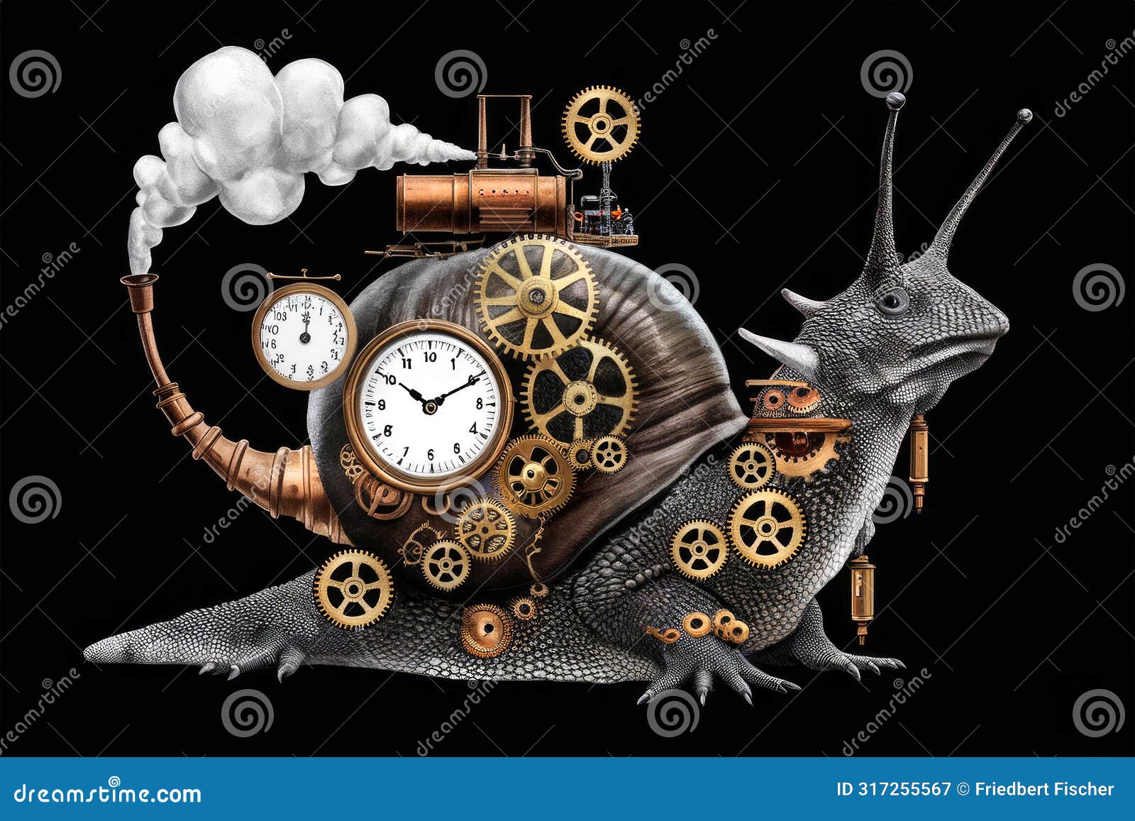 Surreal Snail with Steampunk Elements Featuring Clocks, Gears, and ...