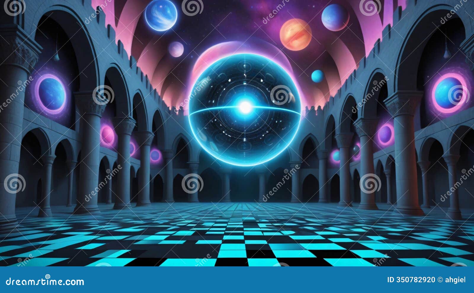 A Surreal Space Scene with Planets and Nebulae, Depicted within a ...