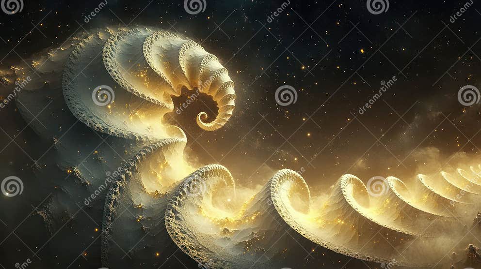 A Surreal, Spiraling Structure Resembling Seashells, Illuminated in a ...