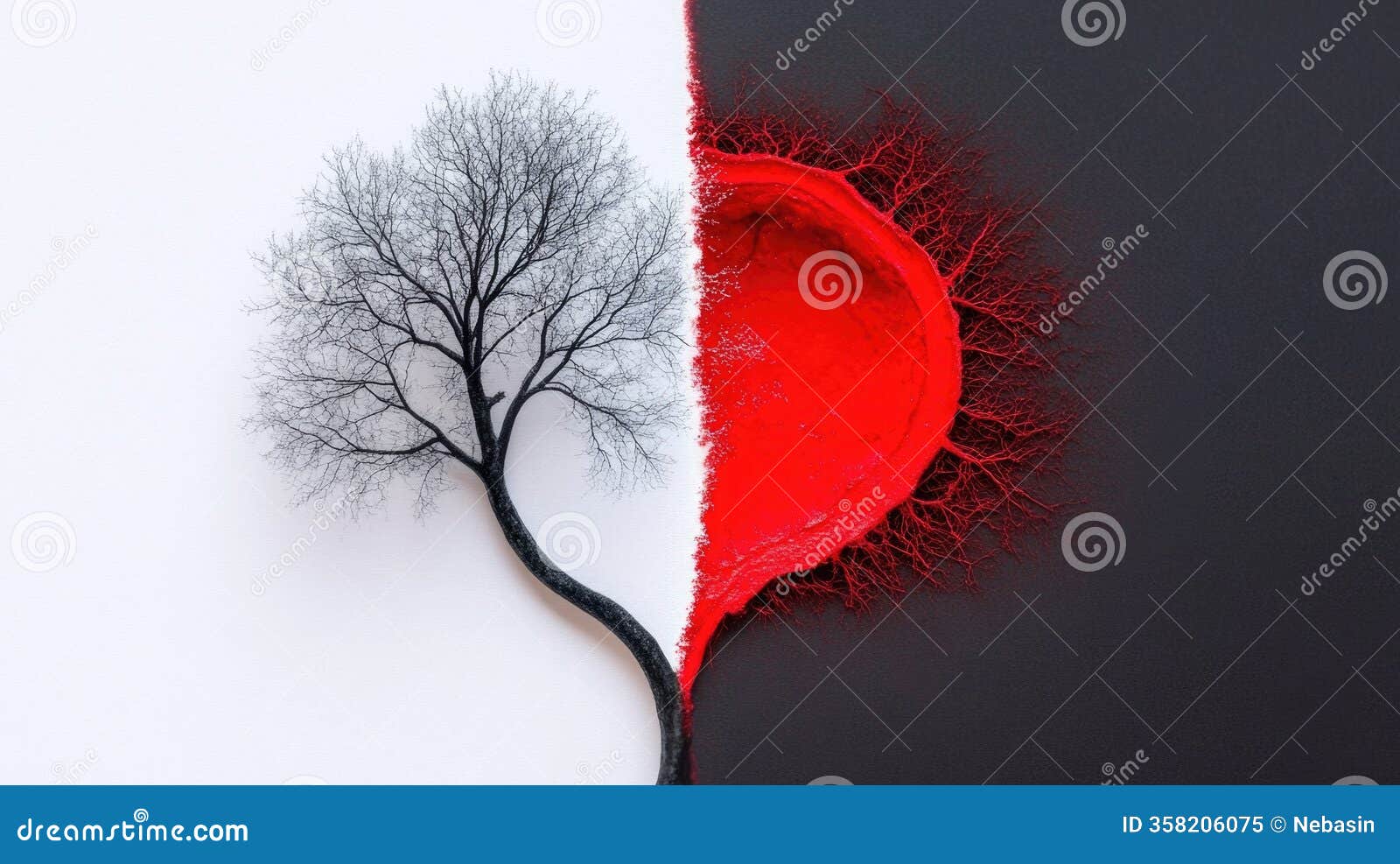 Surreal Split Tree and Red Sphere on Black and White Background Stock ...