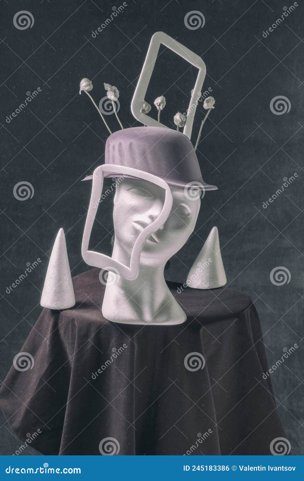 Surreal Still Life with a Model of a Head in a Hat with Distortion ...