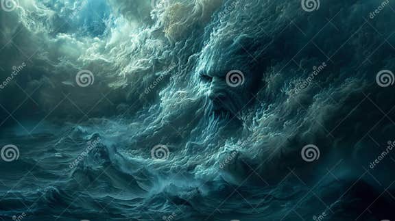Surreal Storm with a Face Materializing from Turbulent Ocean Waves ...