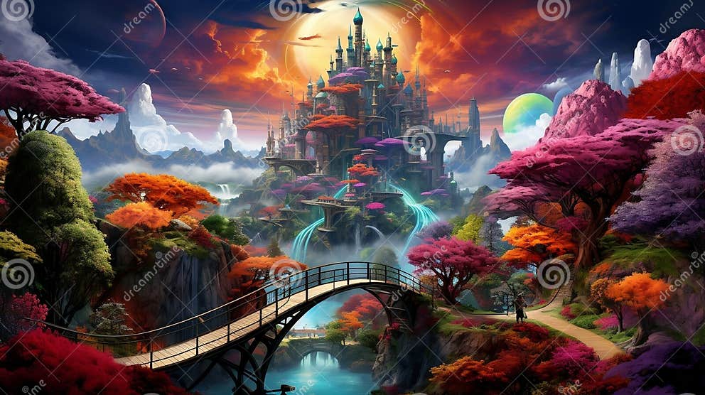 A Surreal Technicolor Dreamscape Featuring Floating Islands, Rainbow ...