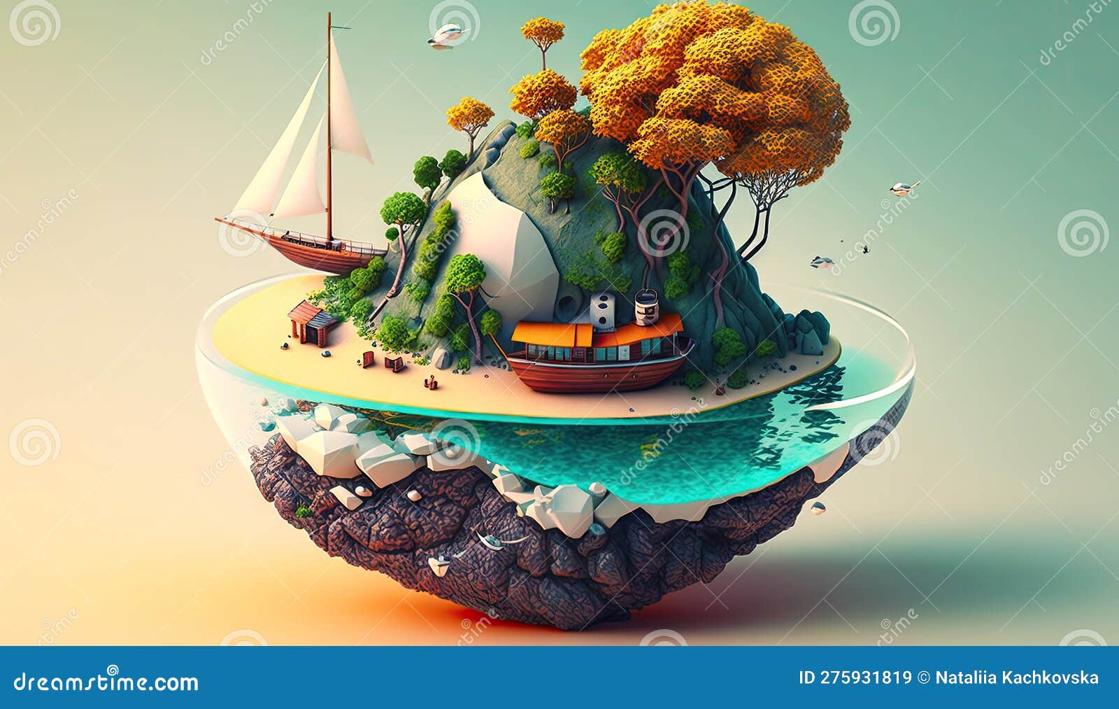 Surreal Tiny Island with House Stock Illustration - Illustration of ...