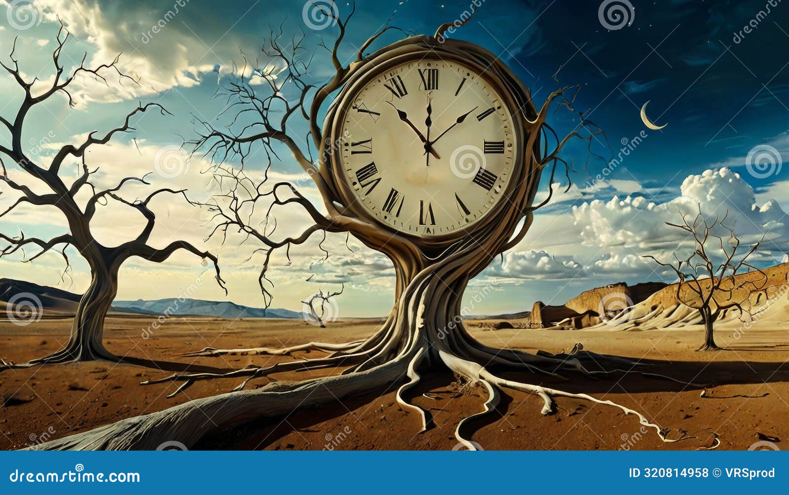 Surreal Tree with Clock in a Desert Landscape Stock Photo - Image of ...