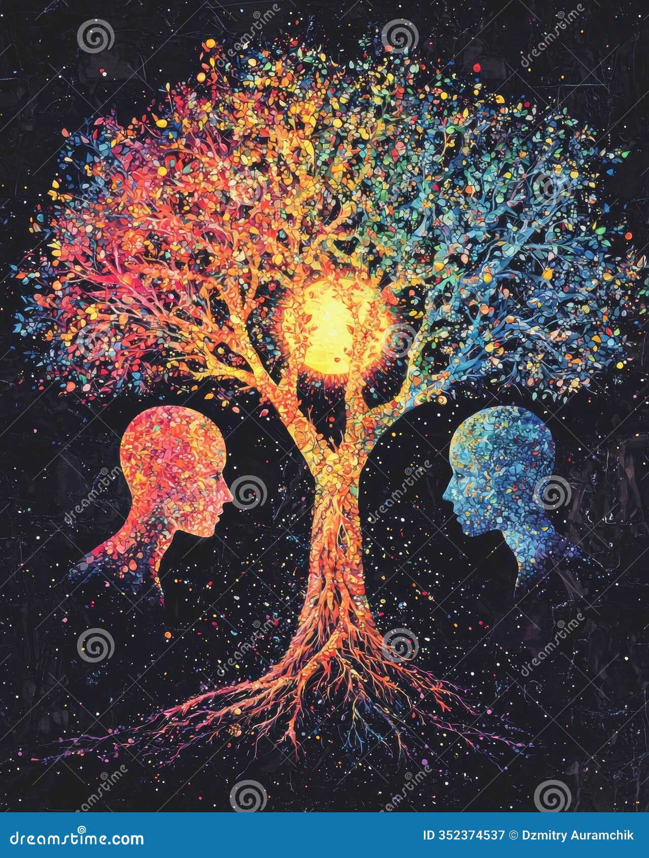 A Surreal Tree of Life with Human Faces and a Glowing Sun, Painted in ...