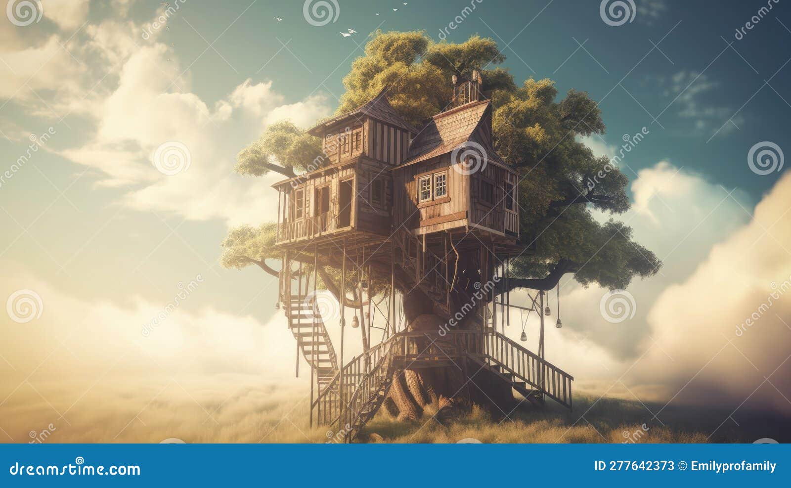 Surreal Treehouse with the Cloudy Sunset Sky Stock Illustration ...