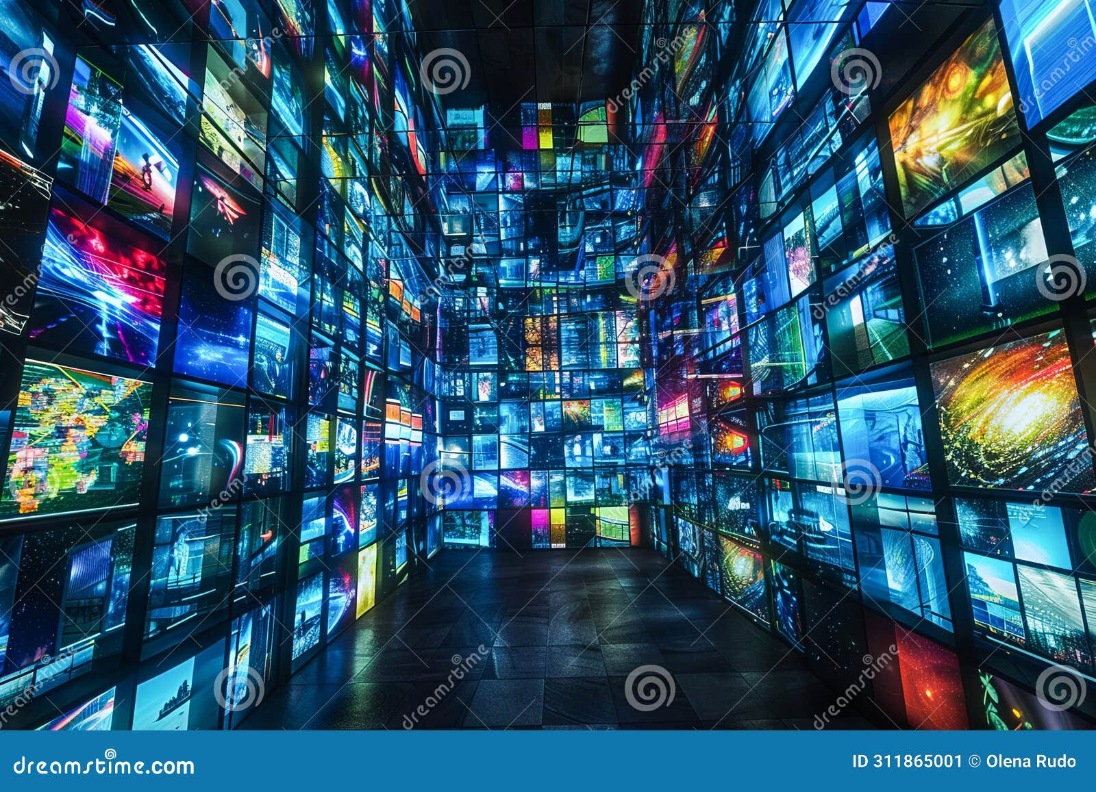 Surreal Tunnel of Multiple Screens Showcasing Diverse Visual Content ...