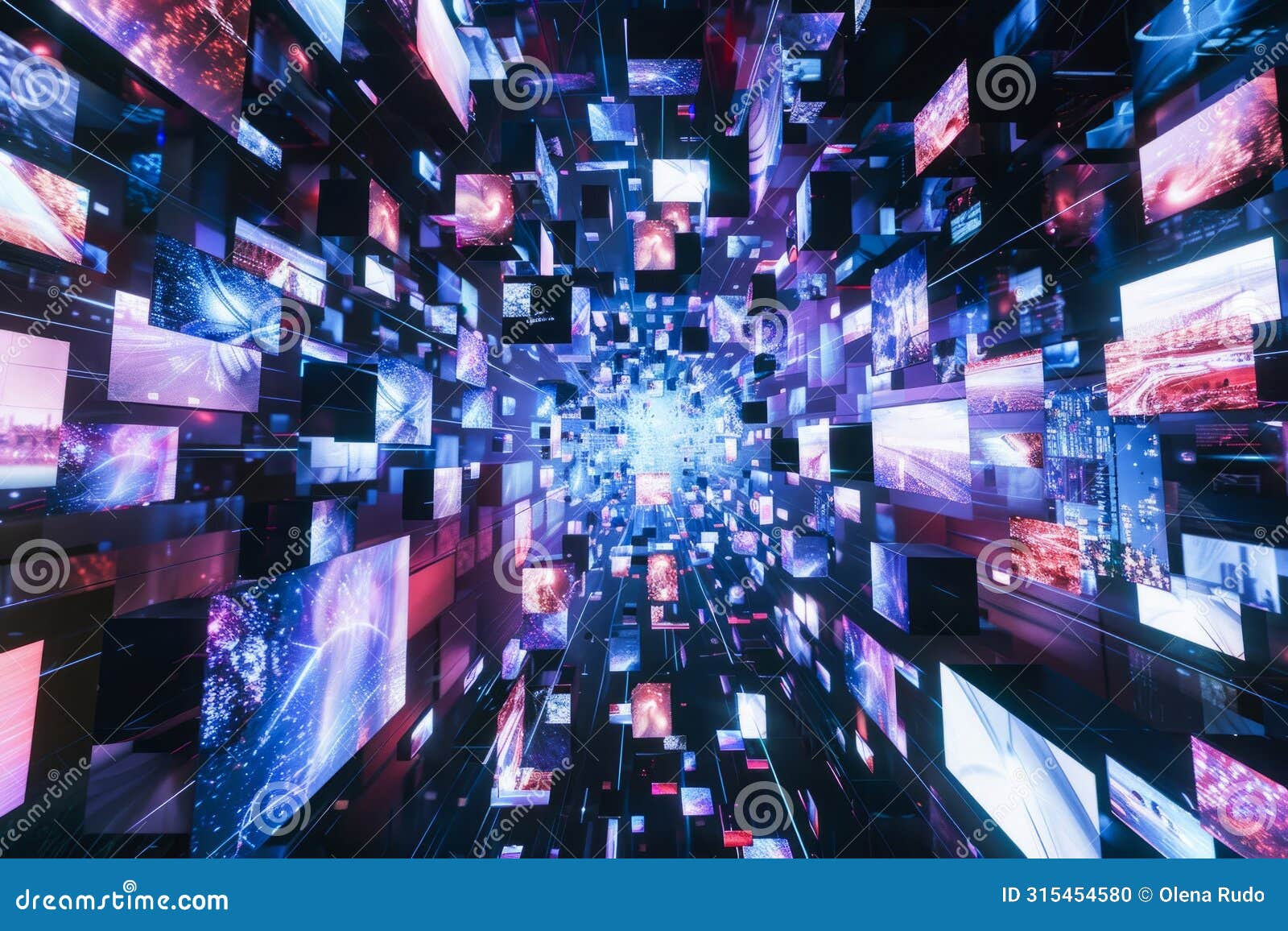 Surreal Tunnel of Multiple Screens Showcasing Diverse Visual Content ...