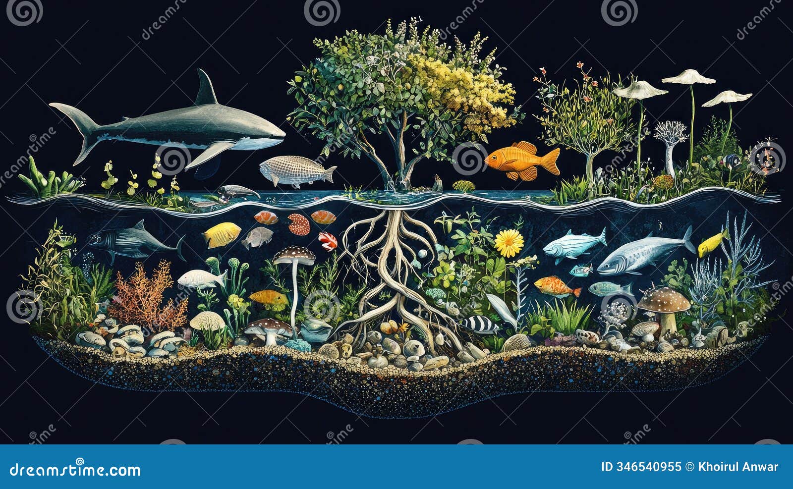 Surreal Underwater Ecosystem with a Tree and Various Aquatic Life Forms ...