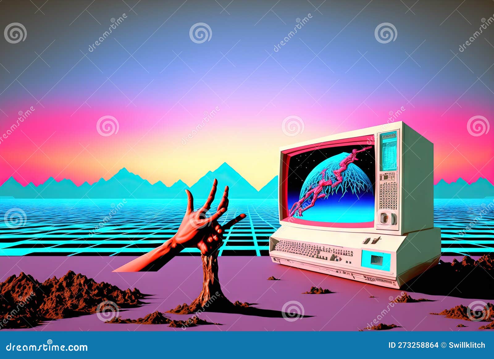 Surreal Vaporwave Composition with Old Computer and Distorted Hands ...