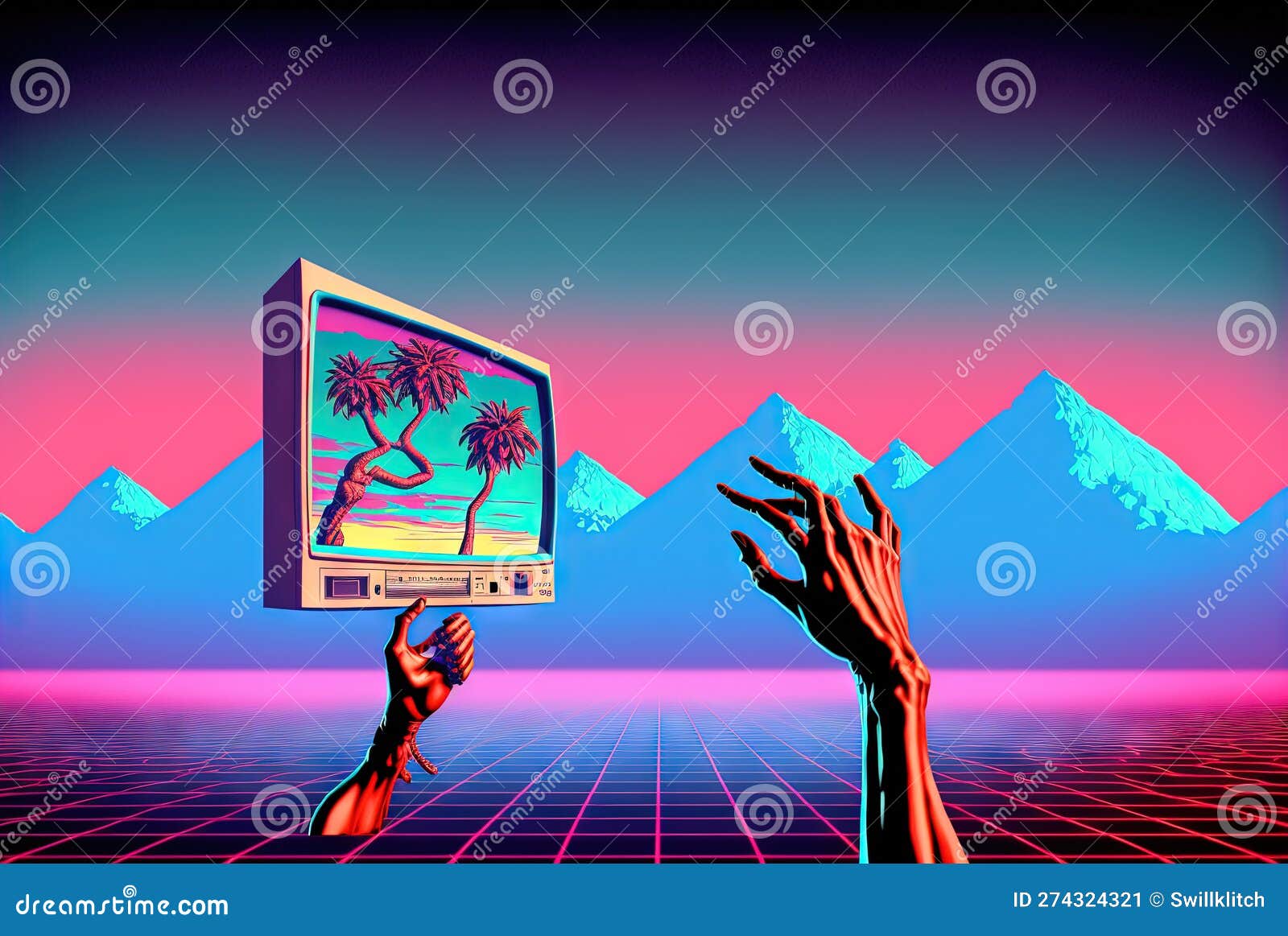 Surreal Vaporwave Composition with Old Computer and Distorted Hands ...