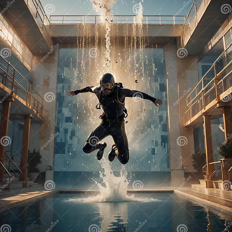 Surreal Waterfall with a Skindiver Falling into an Olympic Pool Stock ...