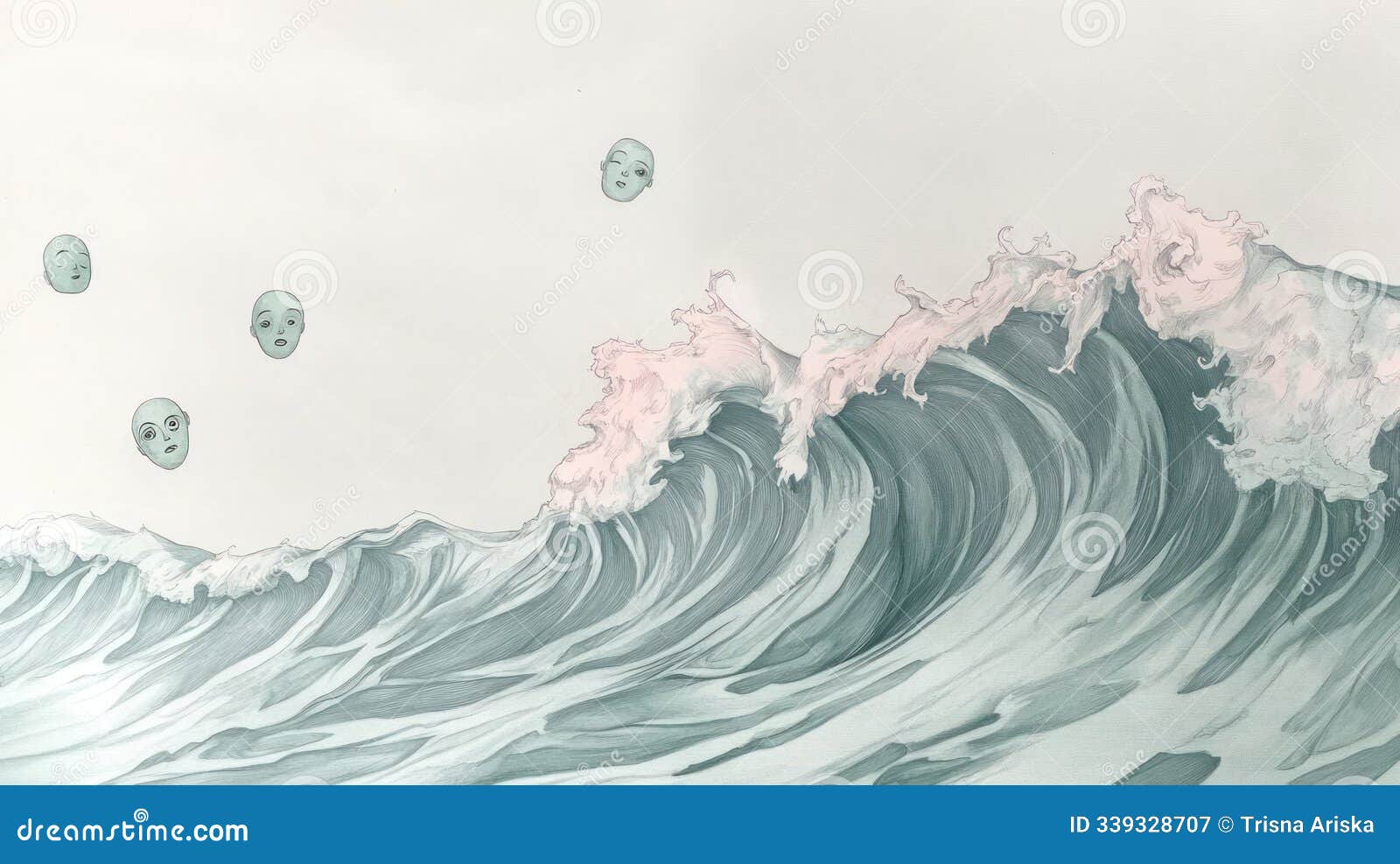A Surreal Wave with Floating Faces, Blending Nature and Human Emotion ...