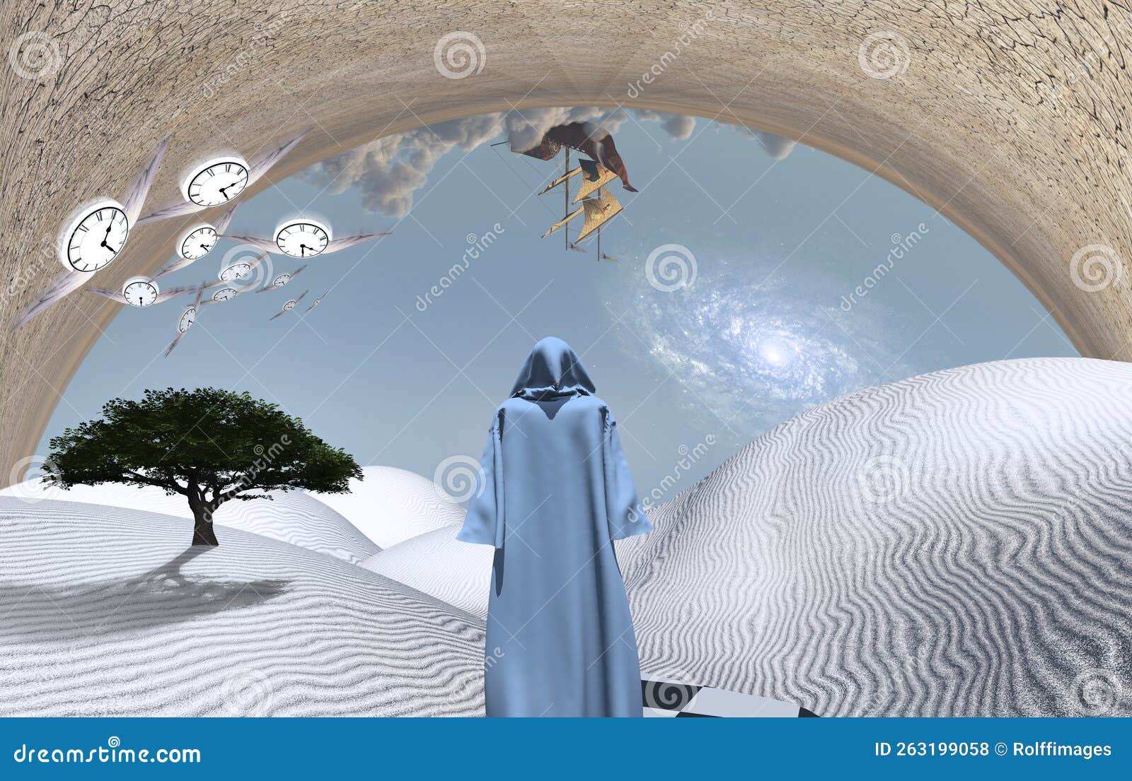 Surreal White Desert with Figure in Cloak Stock Illustration ...