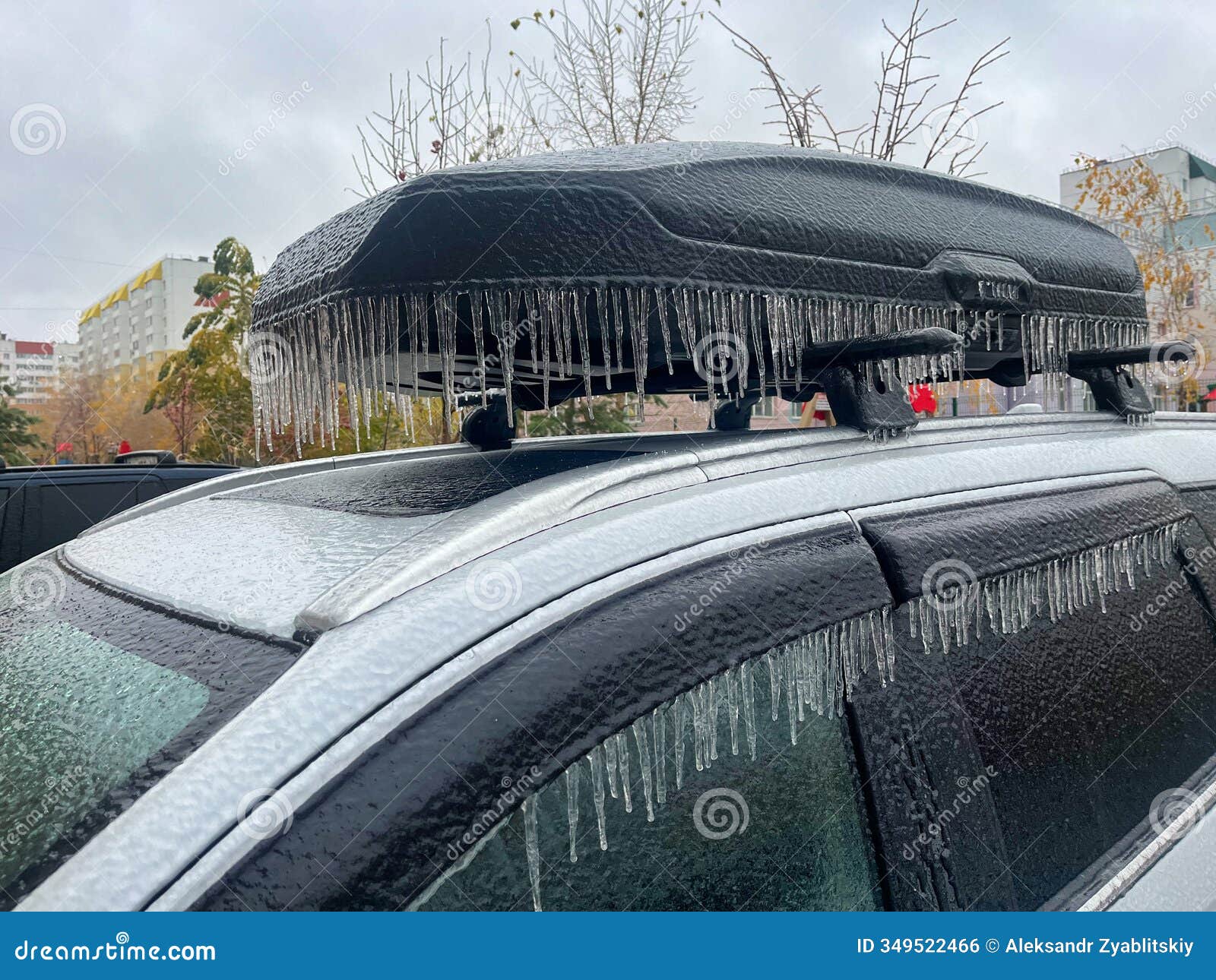 Surreal Winter Scene: a Car Drenched in Ice and Dramatic Icicles Stock ...