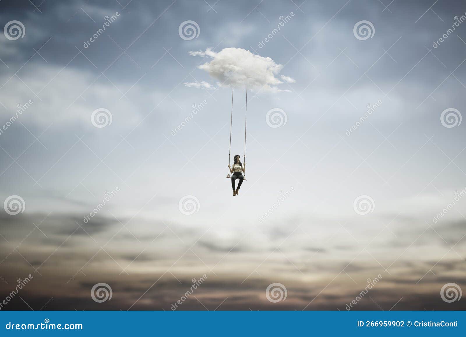 Surreal Woman Having Fun on a Swing Hanging from a Cloud, Abstract ...