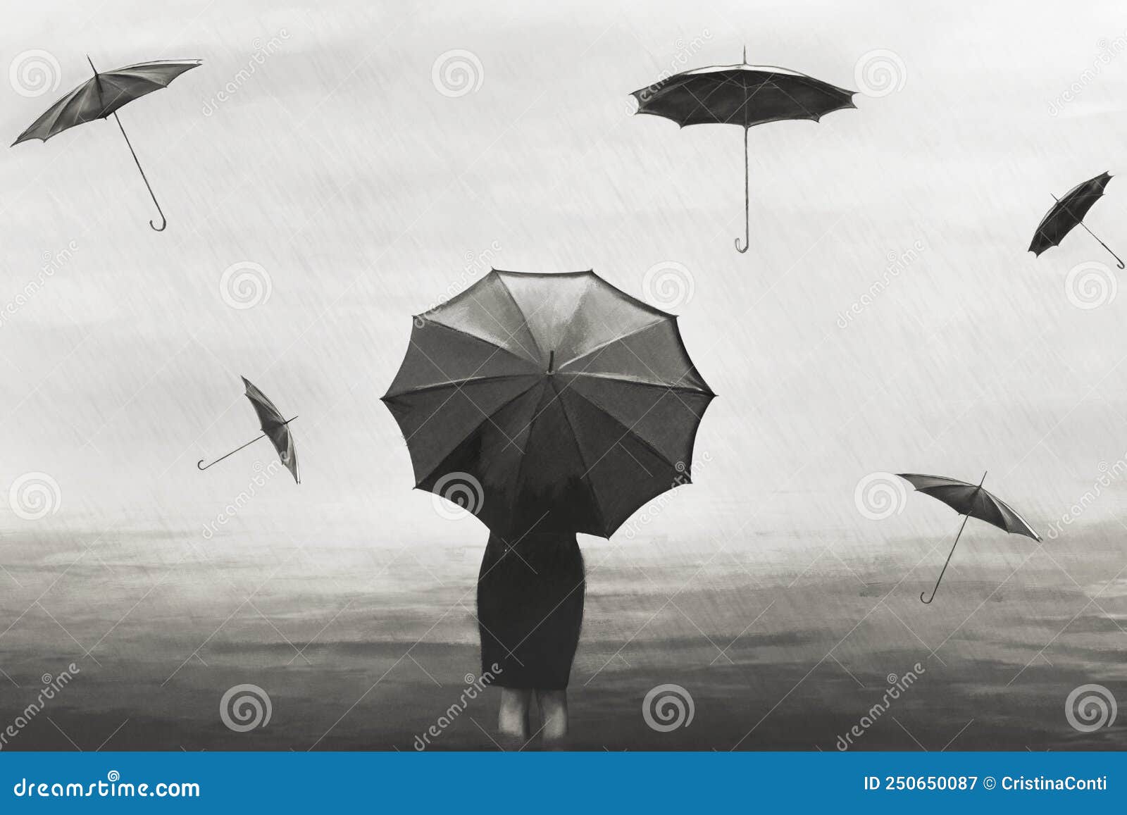 Surreal Woman With Umbrella In The Rain With Flying Black Umbrellas