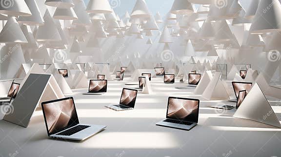 A Surreal Workspace with Laptops and Glowing Triangular Structures in a ...