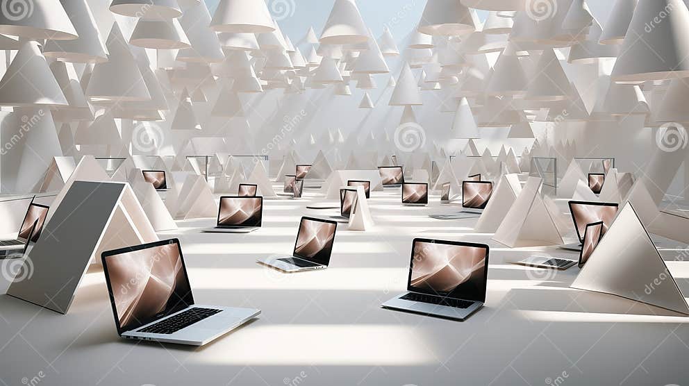 A Surreal Workspace with Laptops and Glowing Triangular Structures in a ...