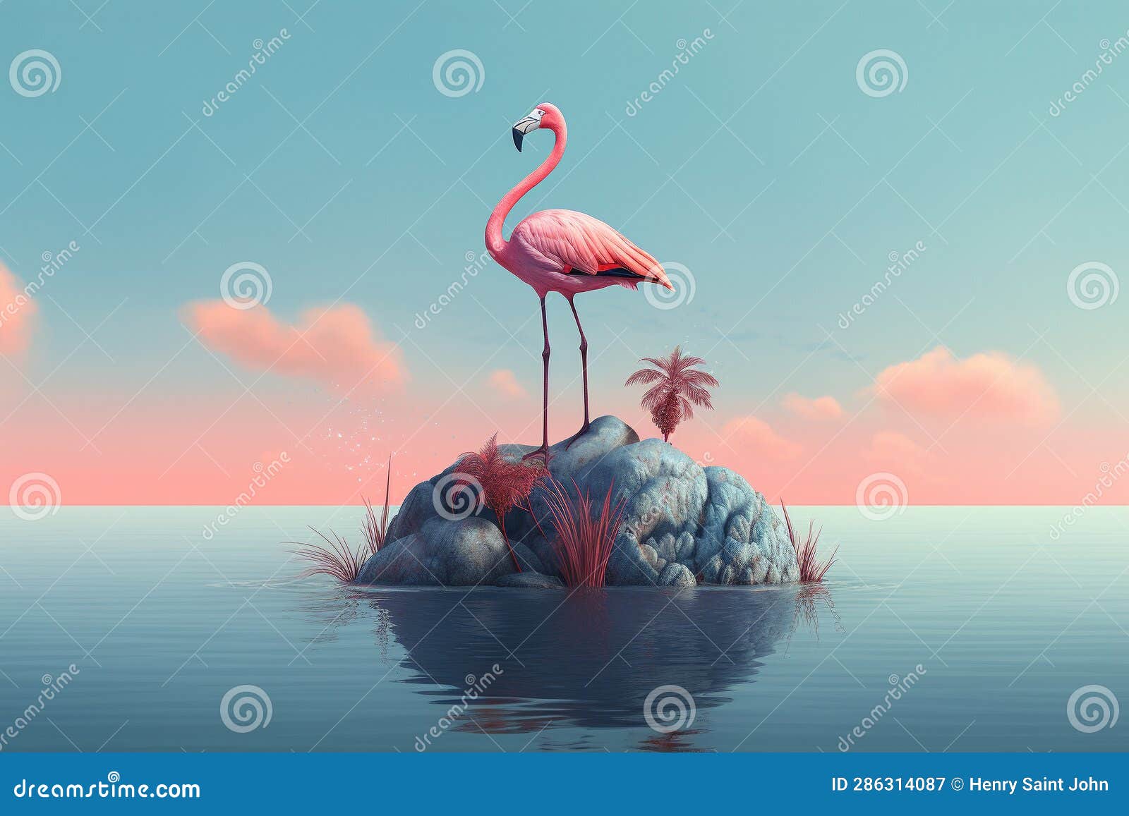 Surrealism: Flamingo with Peacock Feathers on Floating Rock Stock ...