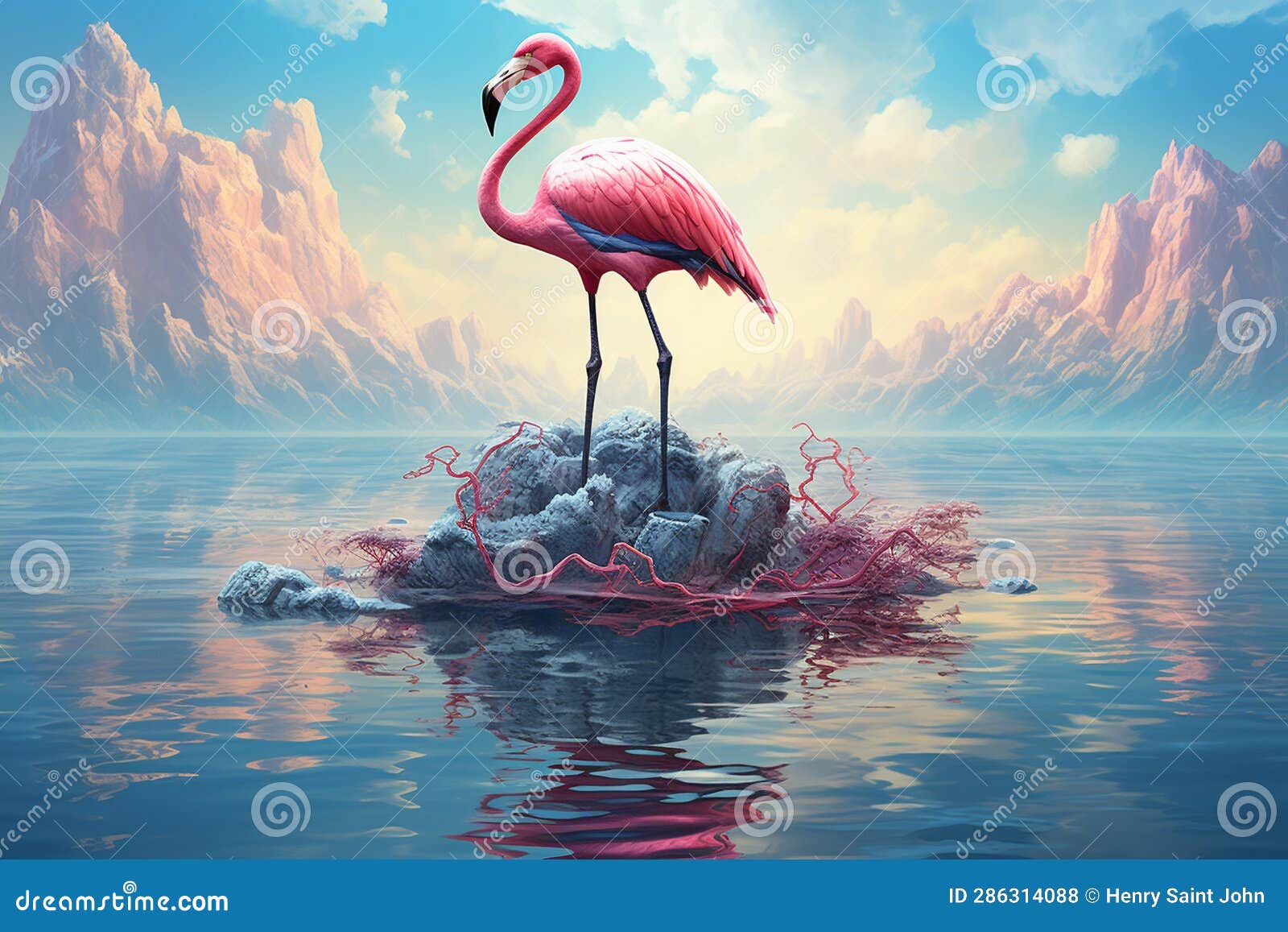 Surrealism: Flamingo with Peacock Feathers on Floating Rock Stock ...