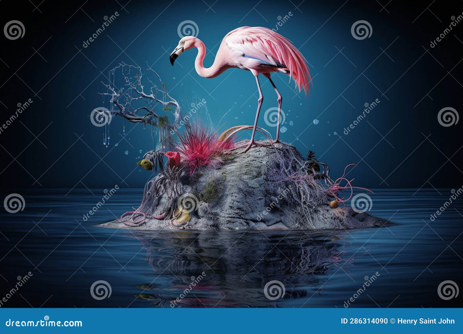 Surrealism: Flamingo with Peacock Feathers on Floating Rock Stock ...