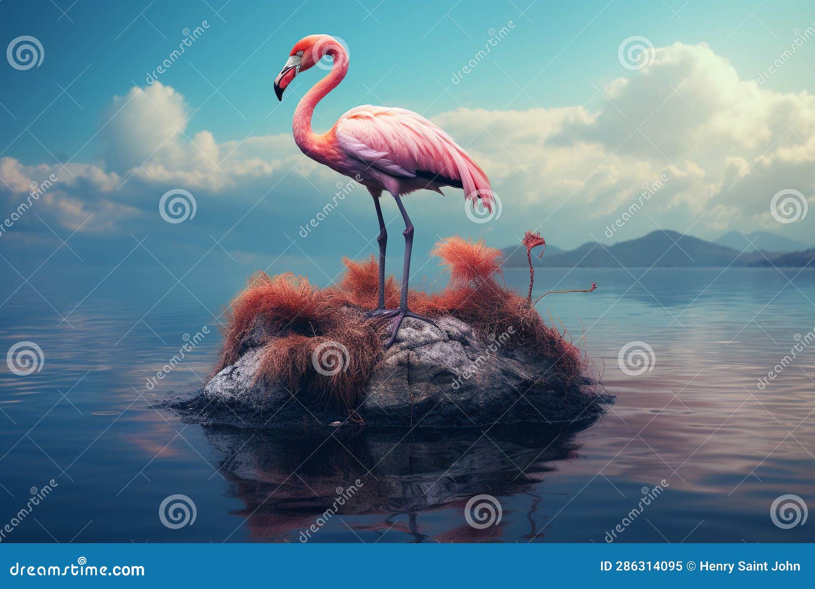 Surrealism: Flamingo with Peacock Feathers on Floating Rock Stock ...
