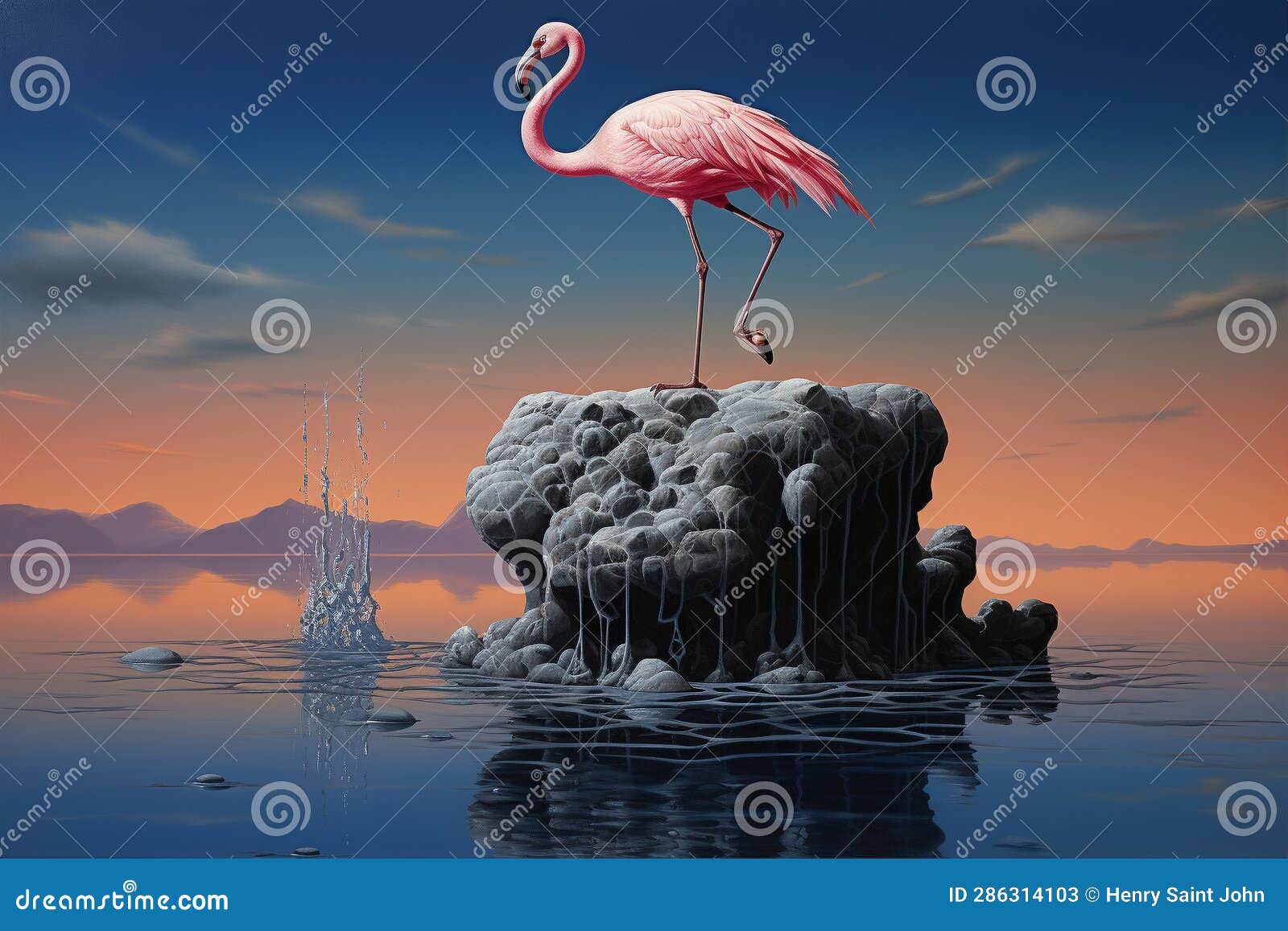 Surrealism: Flamingo with Peacock Feathers on Floating Rock Stock ...