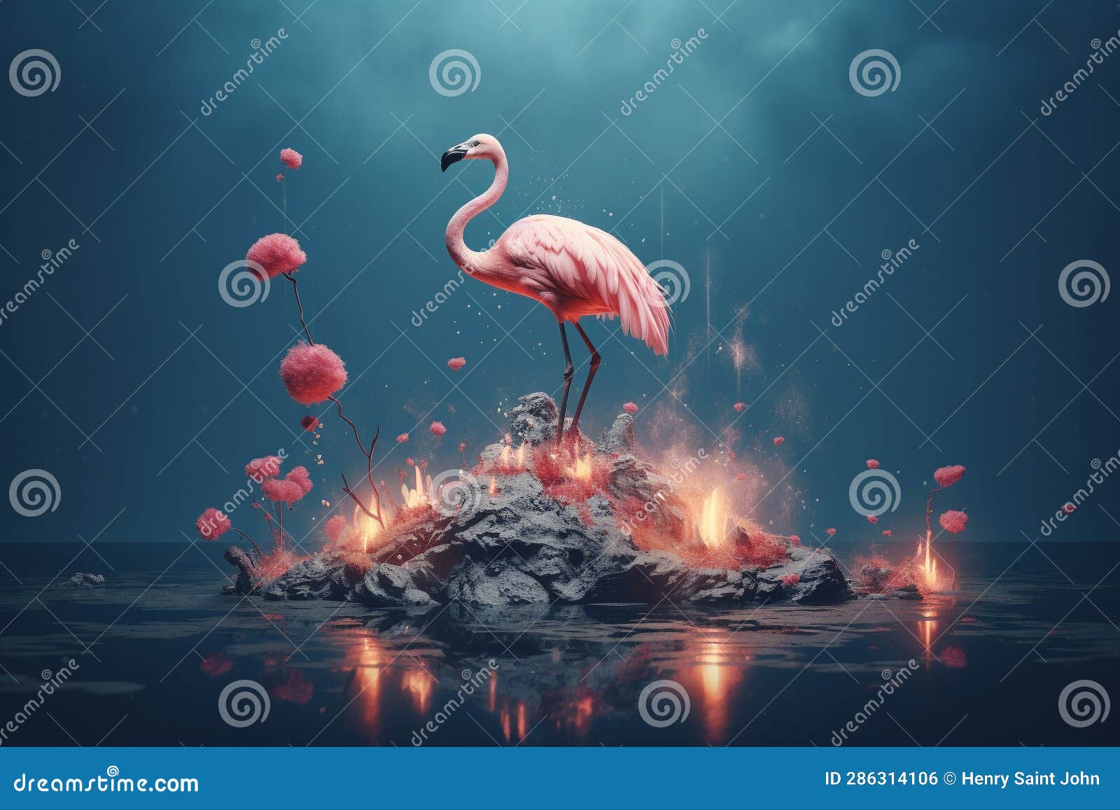 Surrealism: Flamingo with Peacock Feathers on Floating Rock Stock ...
