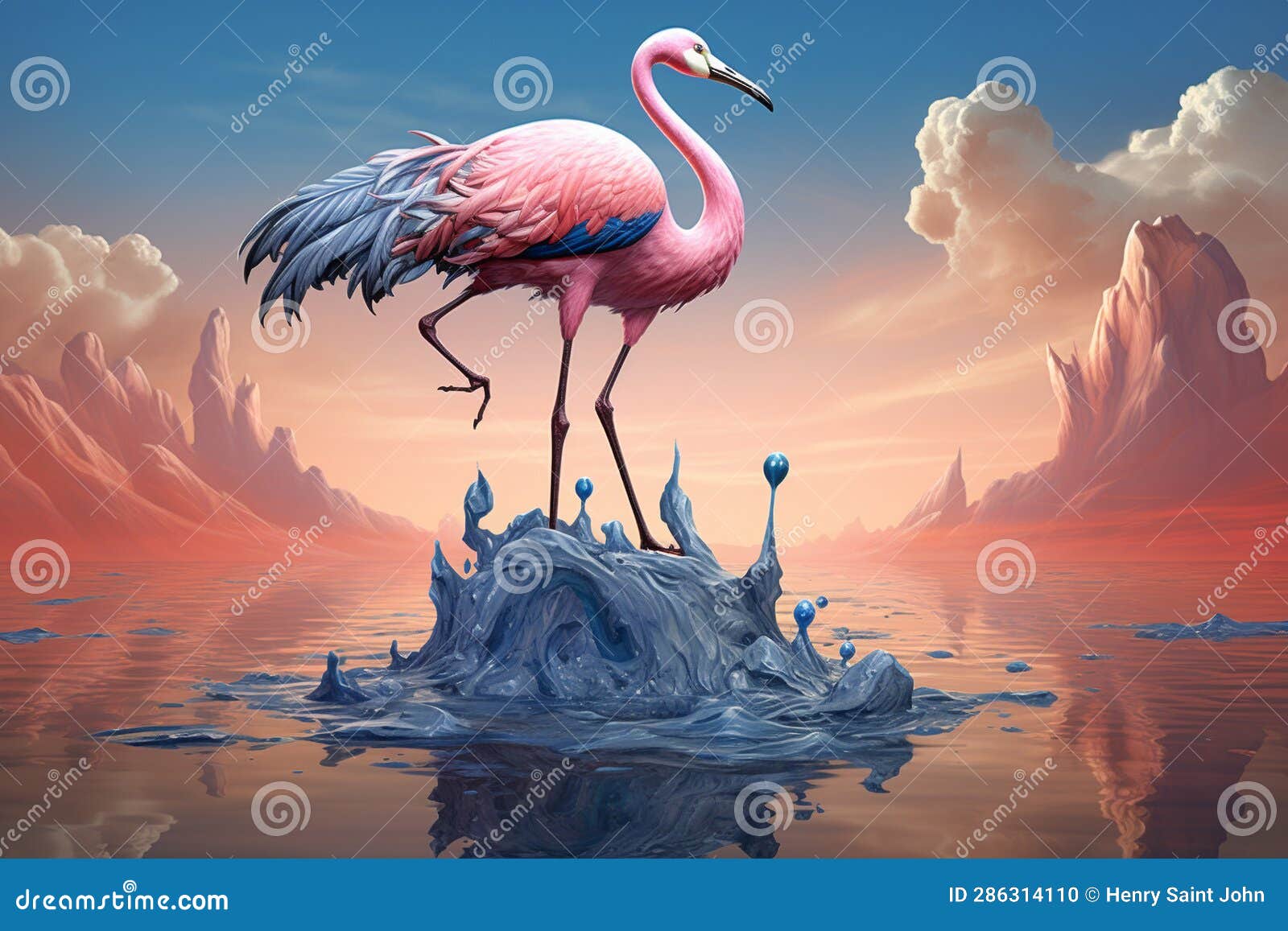 Surrealism: Flamingo with Peacock Feathers on Floating Rock Stock ...