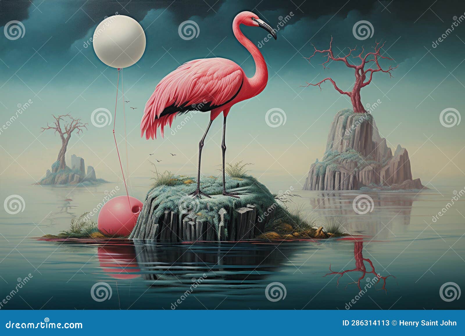 Surrealism: Flamingo with Peacock Feathers on Floating Rock Stock ...