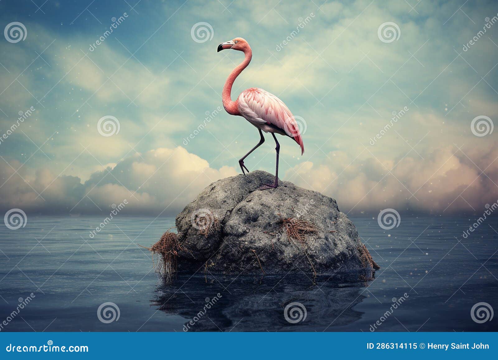 Surrealism: Flamingo with Peacock Feathers on Floating Rock Stock ...
